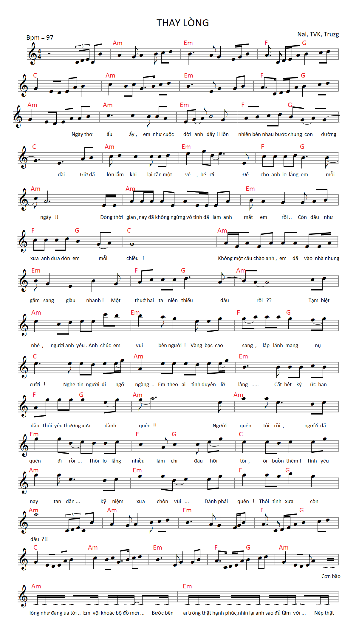 Sheet Piano Bài Thay Lòng - Nal & VTK | SHEET NHẠC HAY