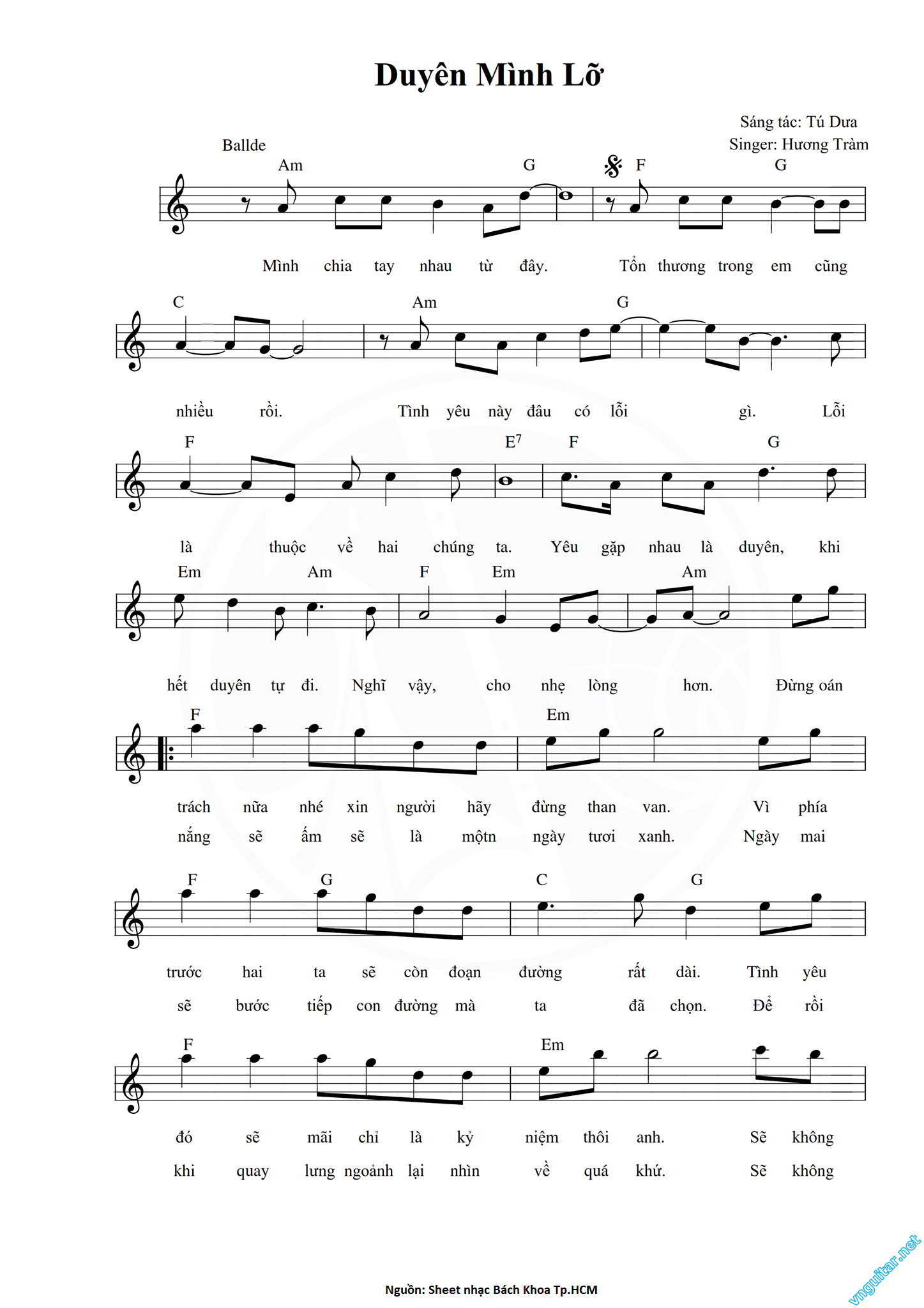 Duyên mình lỡ – Tú Dưa - SHEET NHẠC HAY