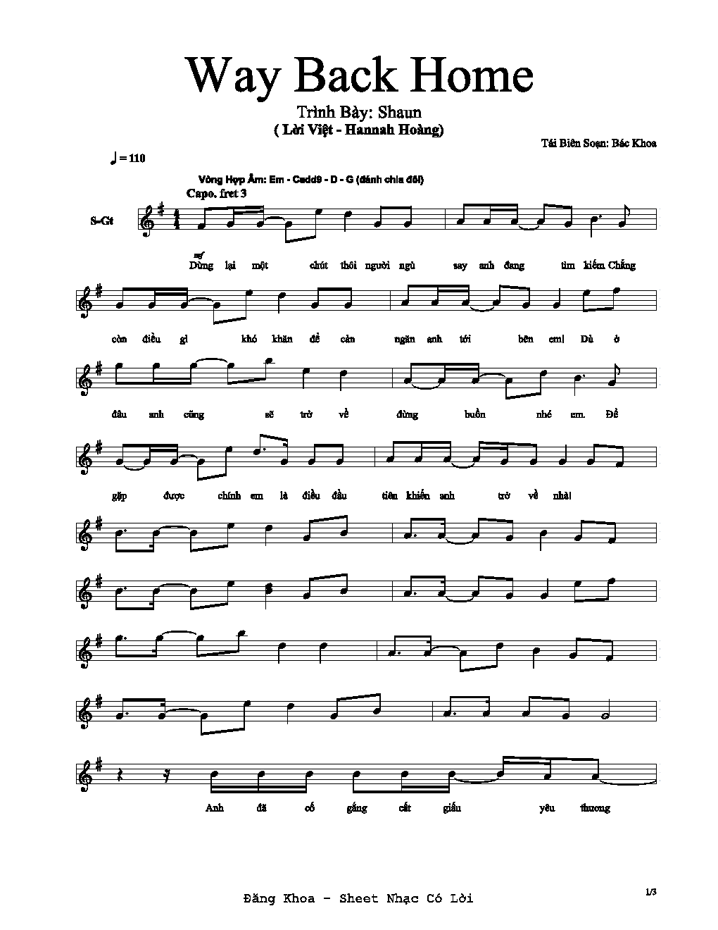 Sheet nhạc bài Way back home - Nhạc Hàn Quốc - SHEET NHẠC HAY